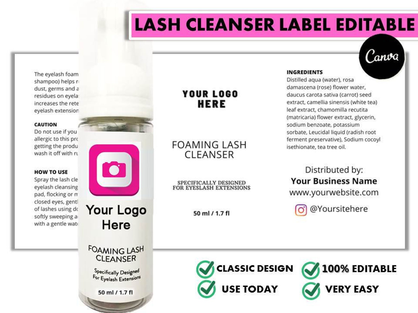 Eyelash Cleanser Foam Bottle Label Lash Bath Labels DIY Lash - Etsy