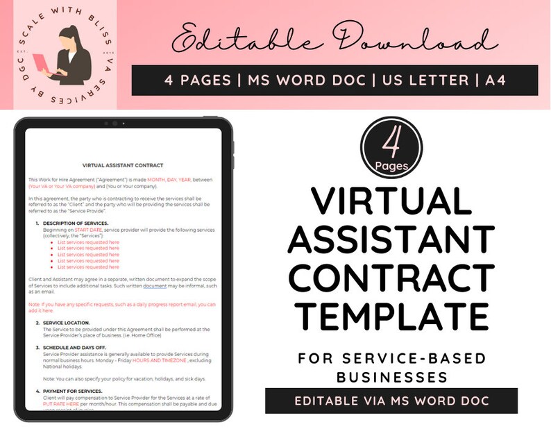 Virtual Assistant Contract Template, Virtual Assistant Service ...