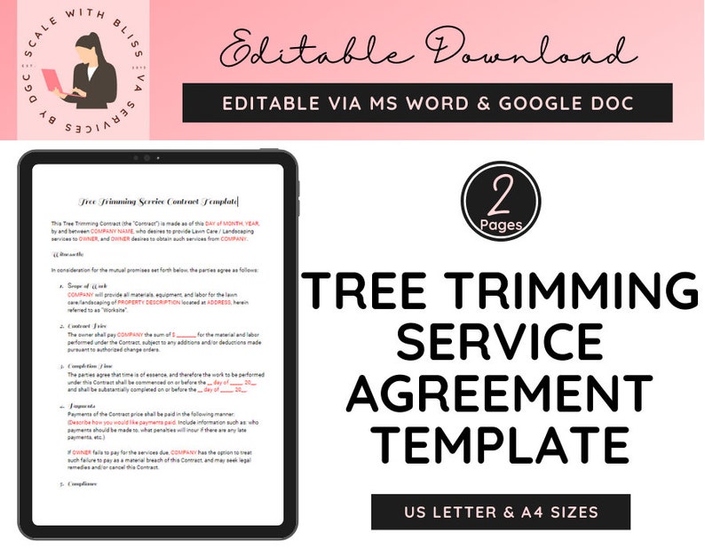 Editable Tree Trimming Contract Template, Tree Removal Agreement ...