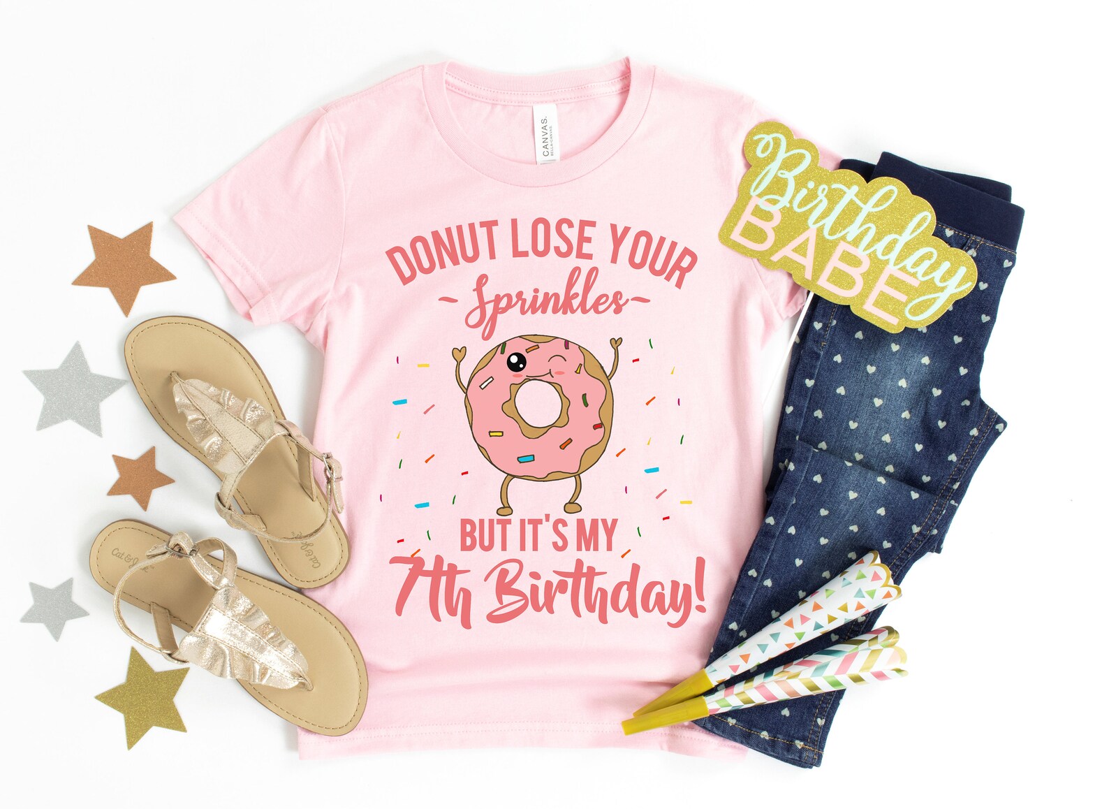 Girls 7th Birthday Funny Donut Shirt - Cute Seventh Birthday Party ...