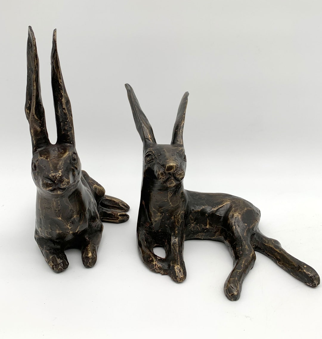 Pair of Reclining Rabbits Relaxing Hares Easter Decoration Bronze House ...