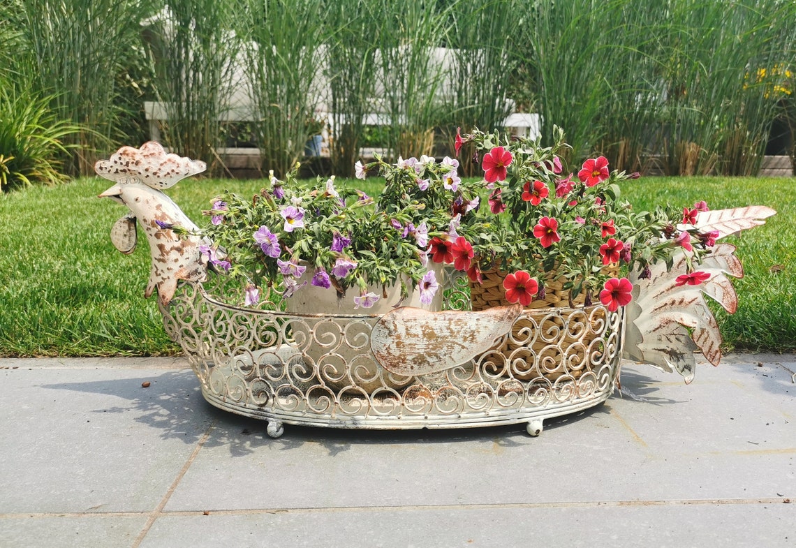Rooster Flower Basket Flowerpot Wrought Iron Rooster - Etsy