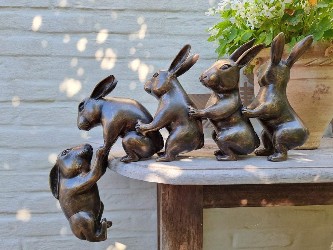 Bronze Sculpture of 5 Funny Rabbits They Rescue a Falling Rabbit Bronze ...