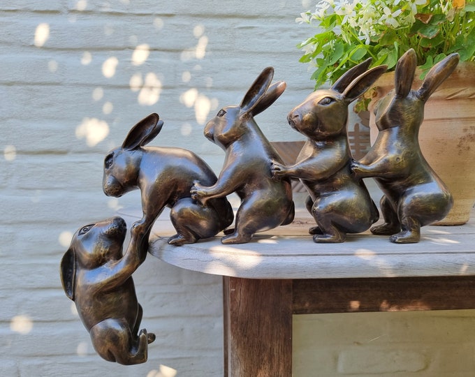 Bronze Sculpture of 5 Funny Rabbits They Rescue a Falling Rabbit Bronze ...