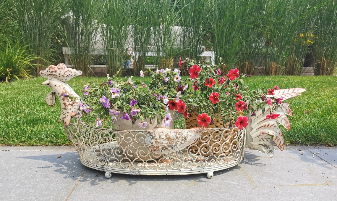 Rooster Flower Basket Flowerpot Wrought Iron Rooster - Etsy