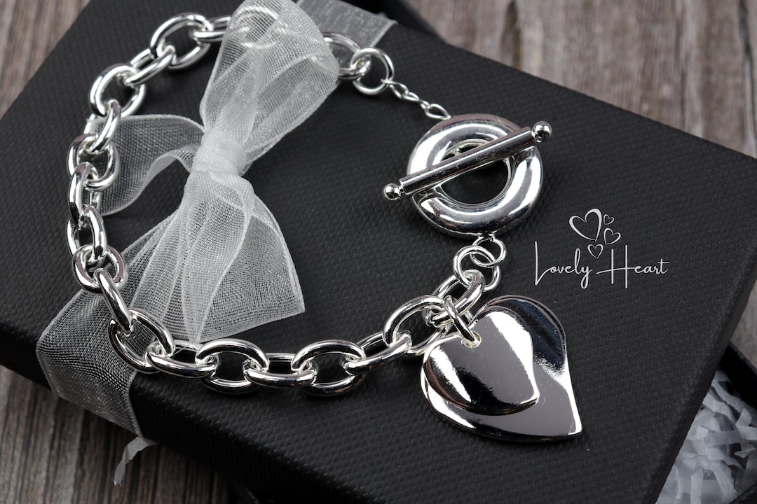 Double Heart & Toggle Clasp Bracelet 925 Sterling Silver Plated by ...