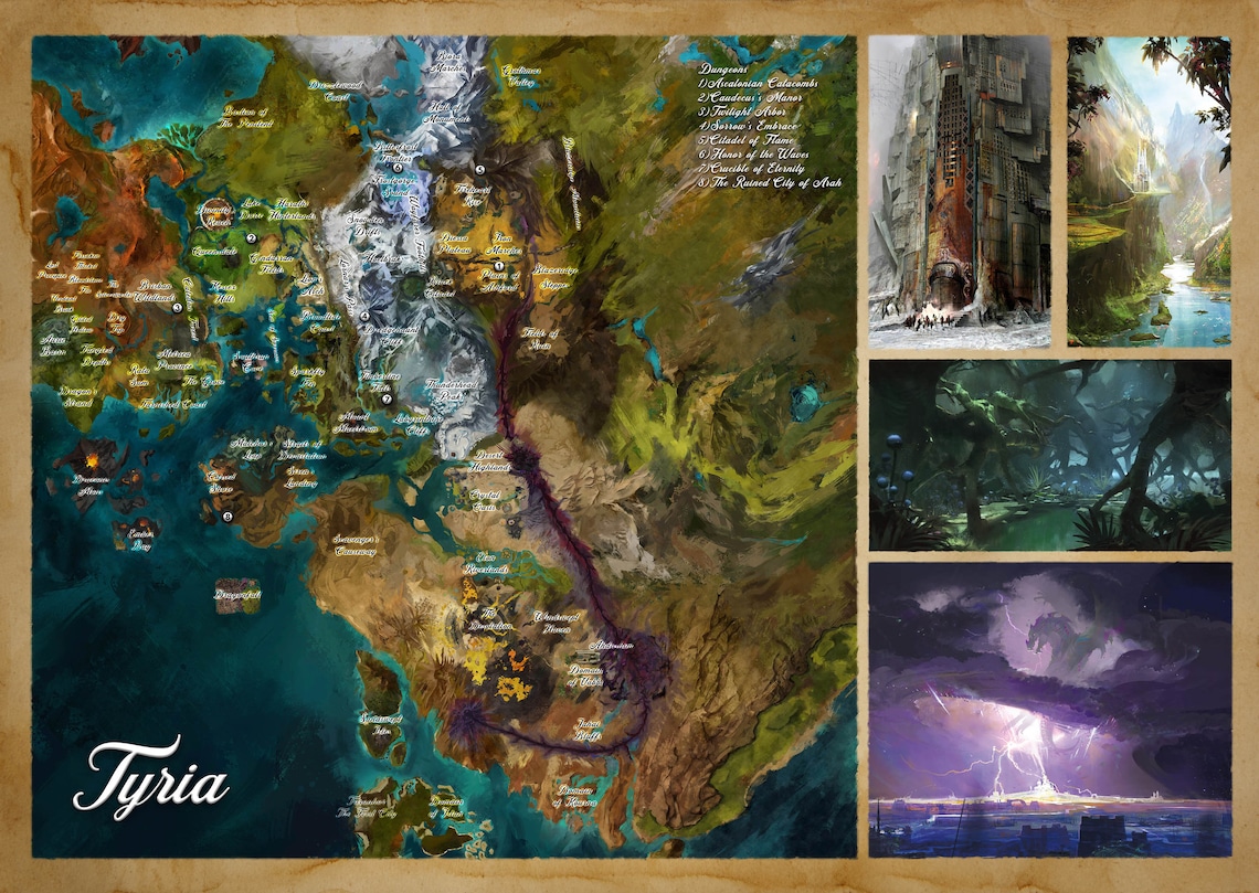 Guild Wars 2 Tyria Map High Quality A3 A2 & A1 Prints | Etsy