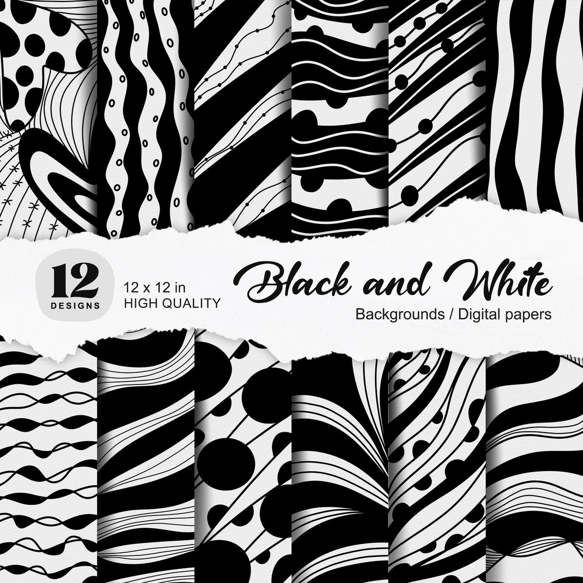12 Black and White Digital Papers Digital Paper Scrapbook - Etsy