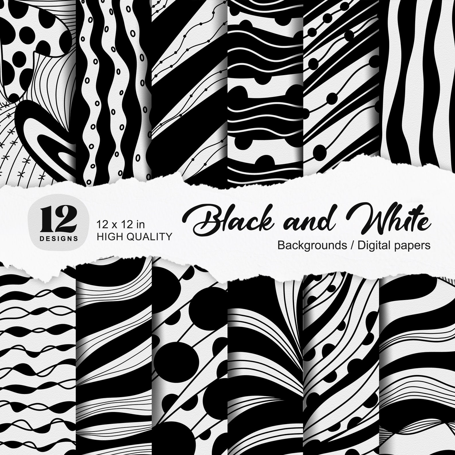 12 Black and White Digital Papers Digital Paper Scrapbook - Etsy