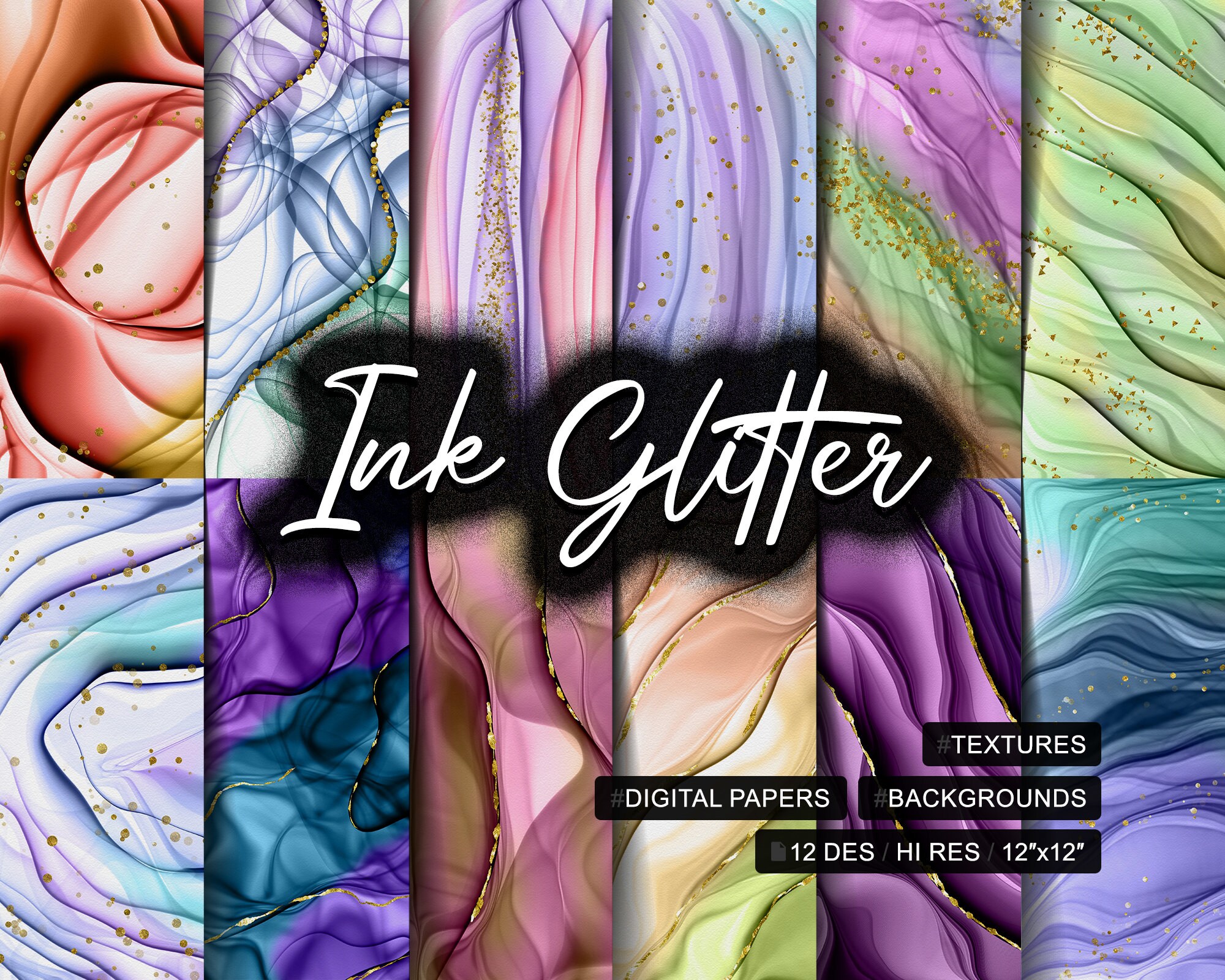 12 Unicorn Ink Glitter Digital Papers Ink Rainbow Ink - Etsy