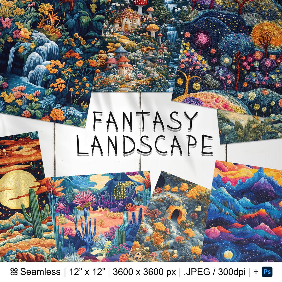 30 Fantasy Landscapes Embroidery Seamless Pattern Background | Forest ...