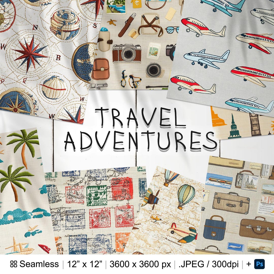 20 Travel Adventures Embroidery Seamless Pattern Background | Vintage ...