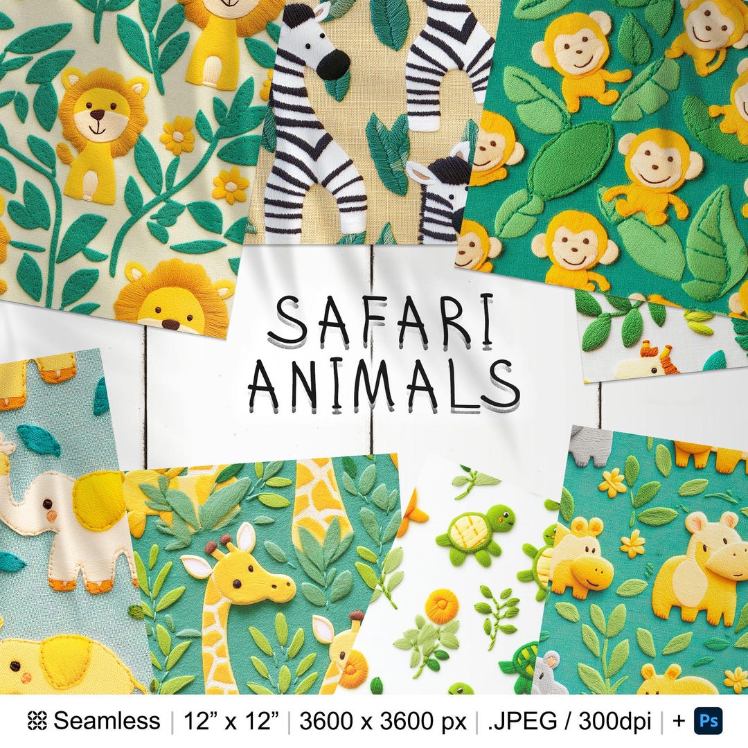 25 Safari Animals Embroidery Seamless Pattern Background | Embroidered ...