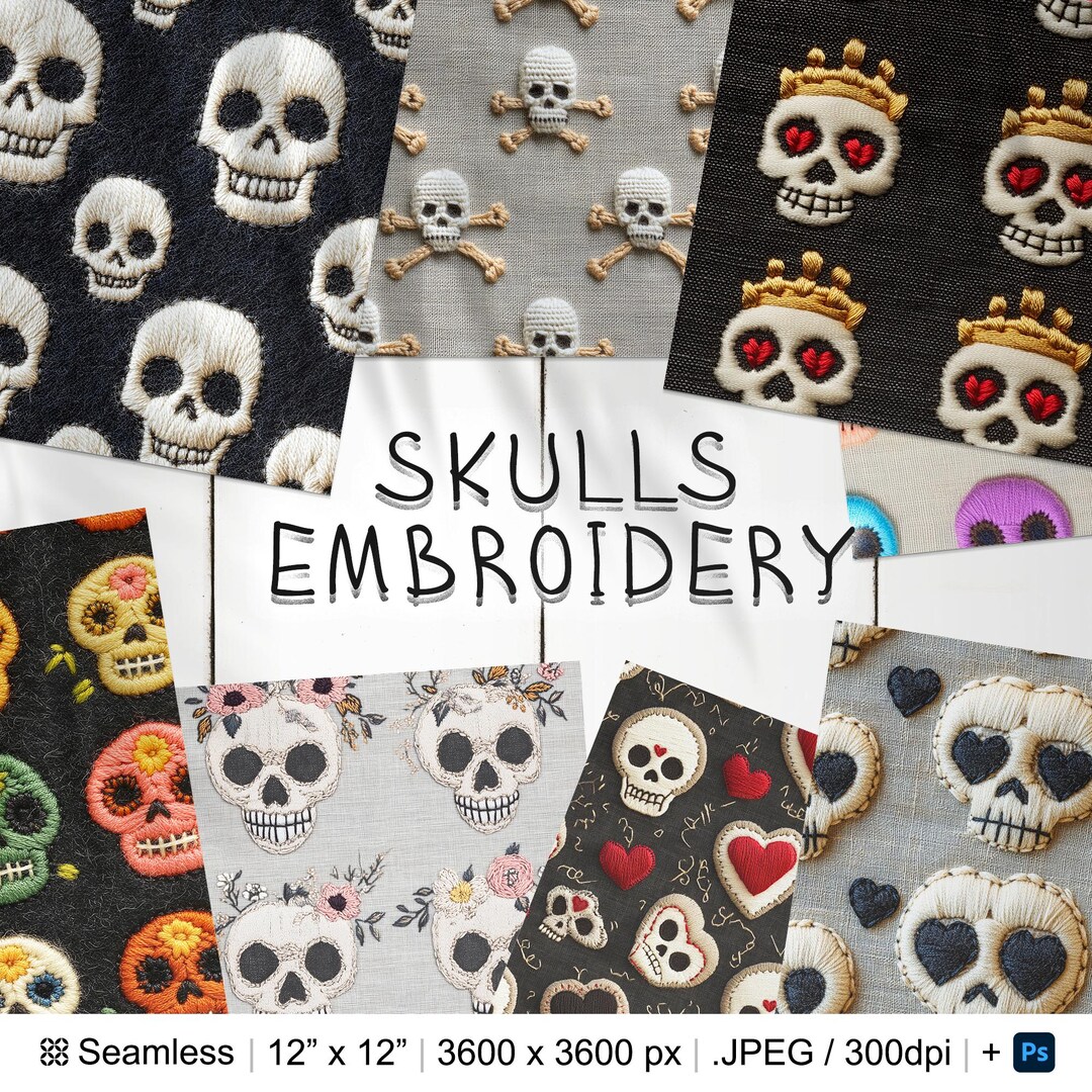 25 Skulls Embroidery Seamless Pattern Background | Floral Skull Digital ...