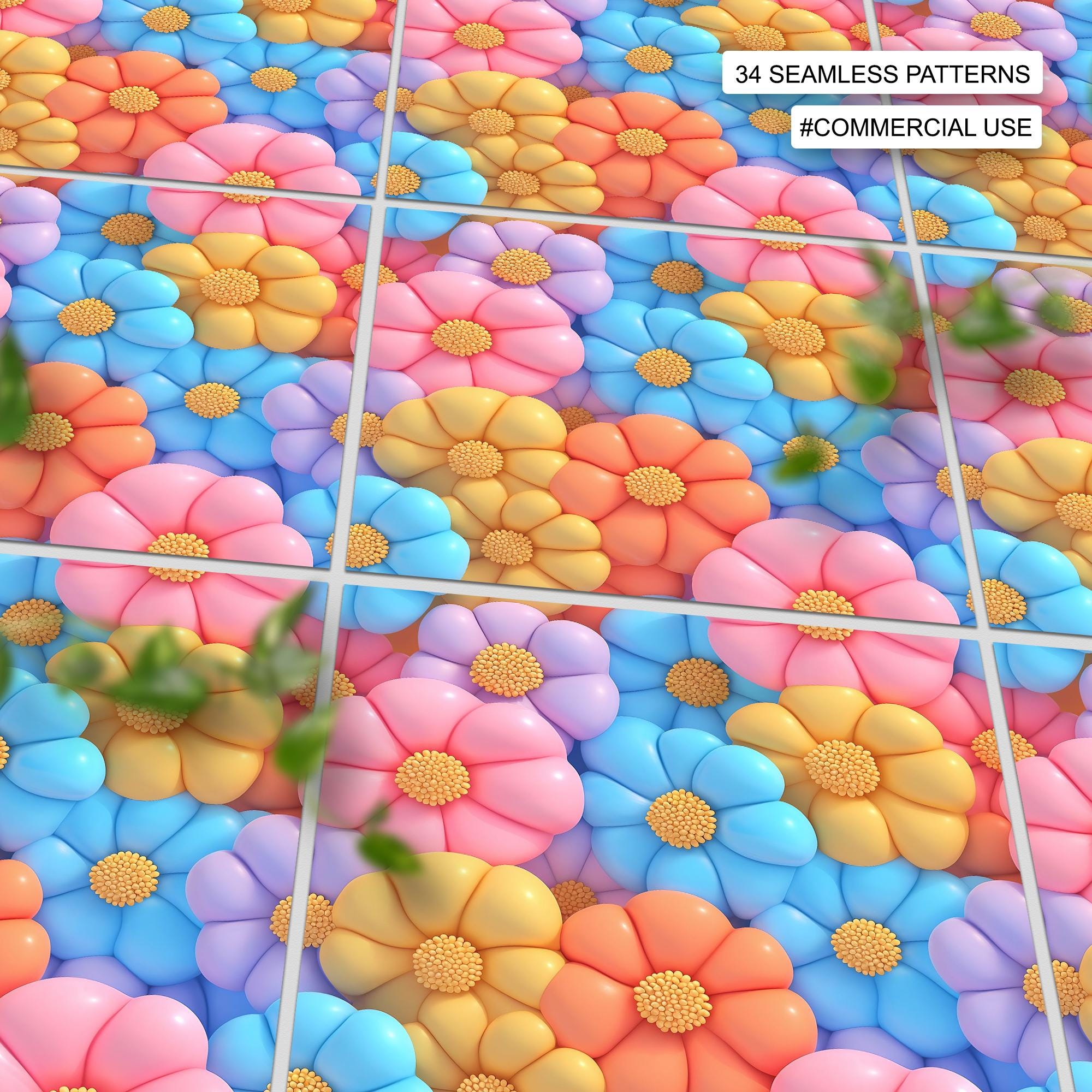 20 Inflated Flowers Pattern | Digital Seamless Pattern Inflated Puffy ...