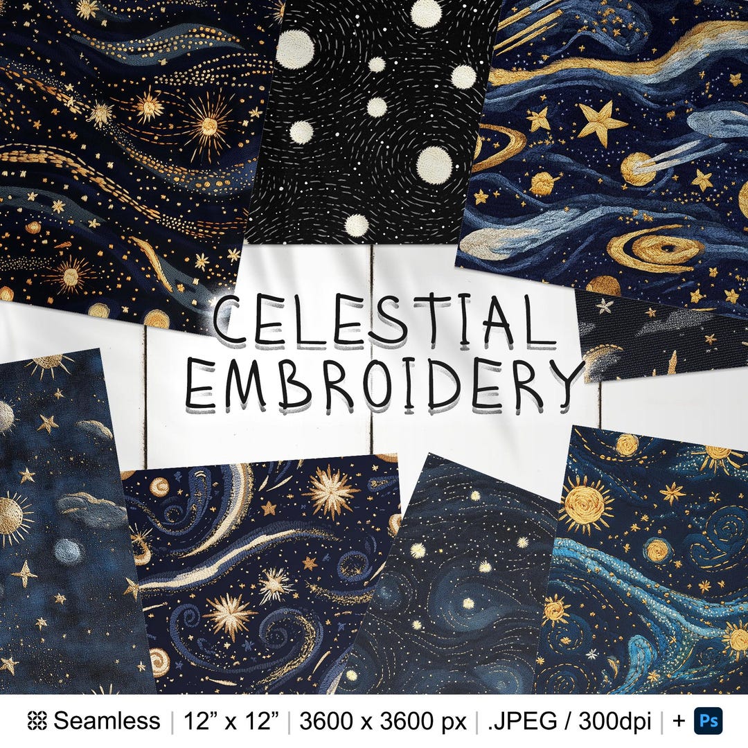 25 Celestial Embroidery Seamless Pattern Background | Starry Night ...