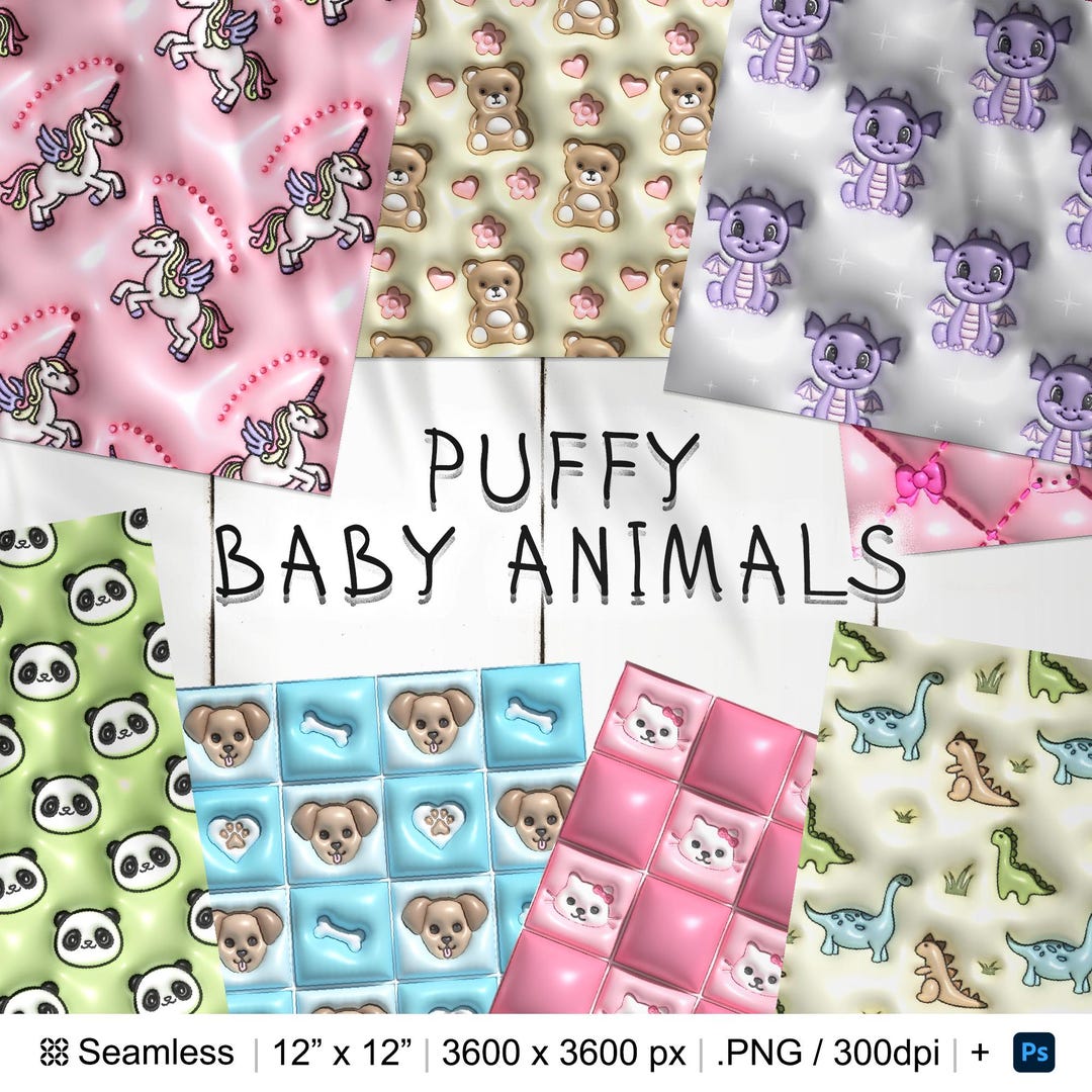 10 Puffy Baby Animals Seamless Pattern Background | 3D Kids Seamless ...