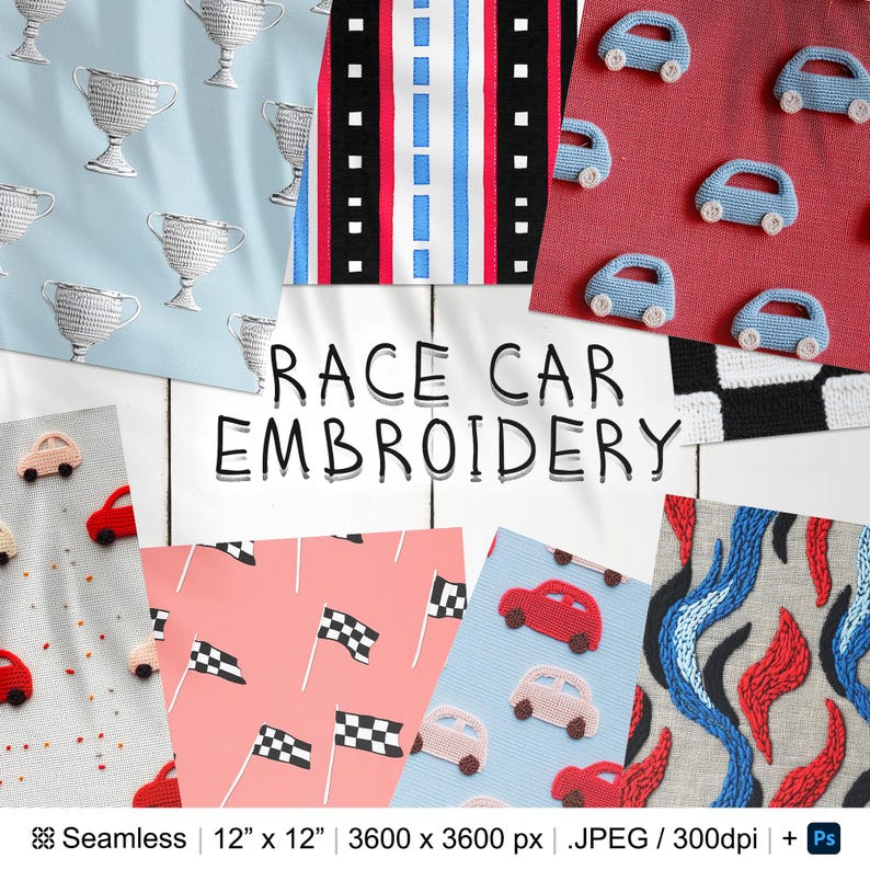 25 Race Car Embroidery Seamless Pattern Background | Vintage Car ...
