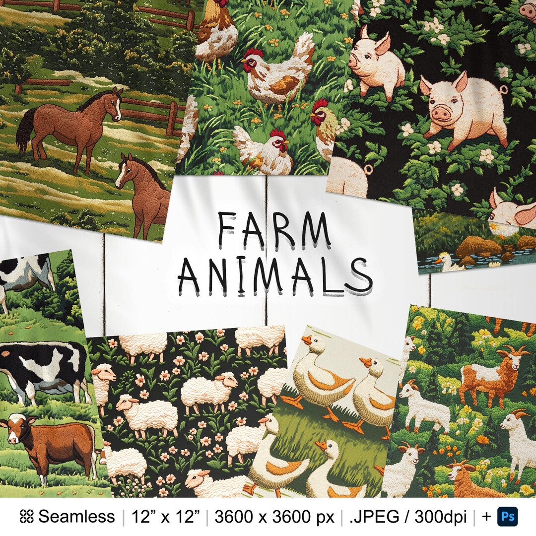 20 Farm Animals Embroidery Seamless Pattern Background | Farm Animals ...