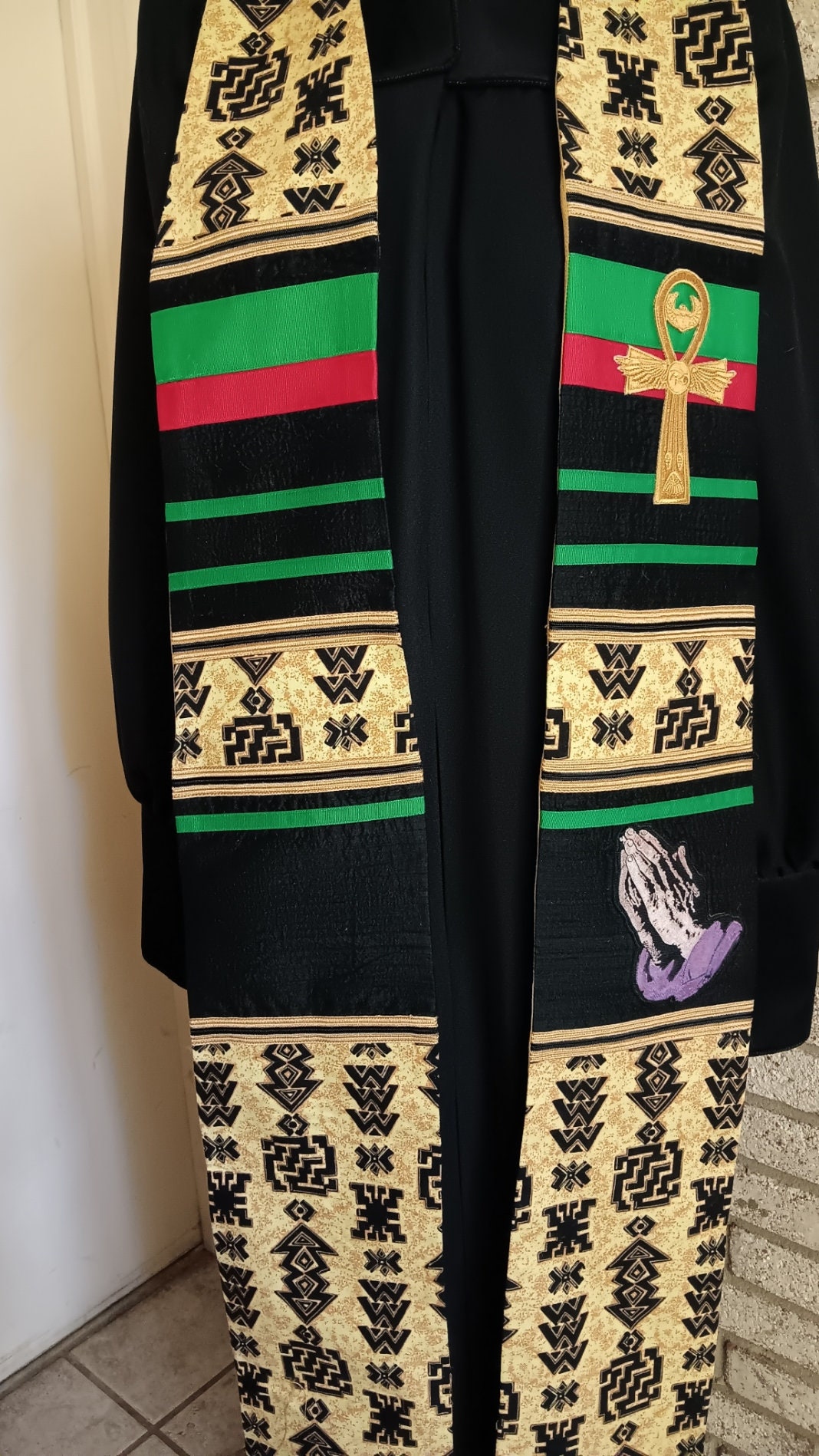 Original AFROCENTRIC Cotton Print Church Stole. Embroidered ANKH CROSS ...