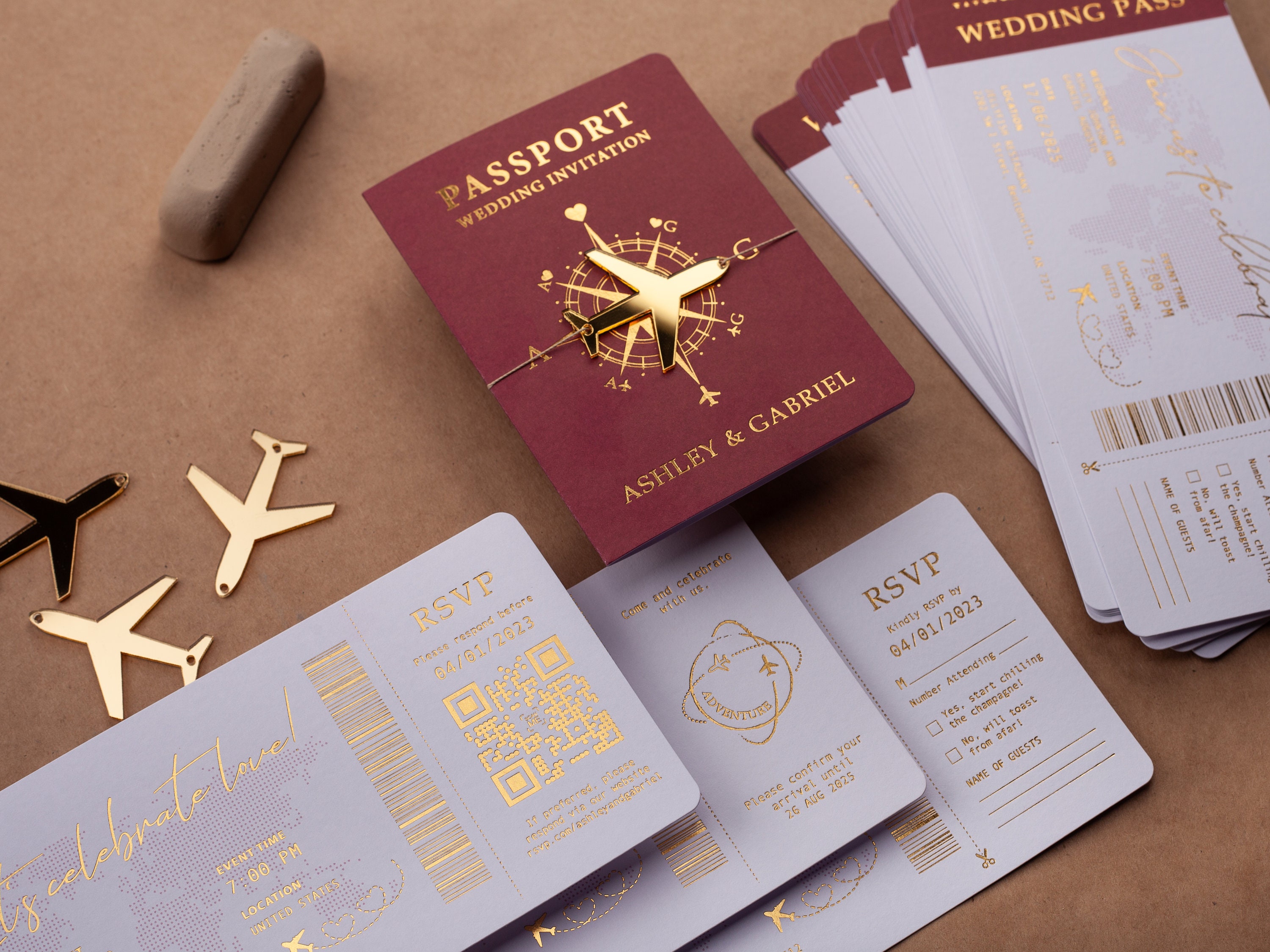 Wedding Invitation Passport, Invite Boarding Pass, Burgundy and Gold ...