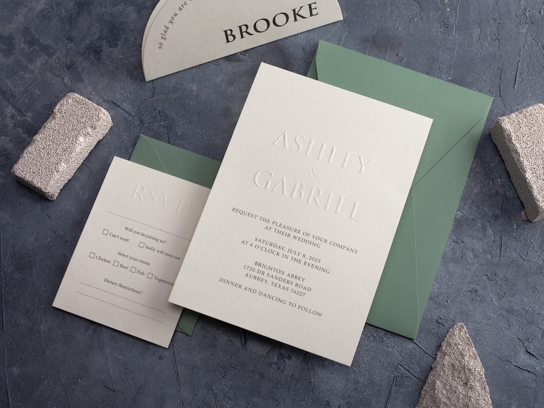 Custom Sage Green Letterpress and Embossed Wedding Invitations With ...