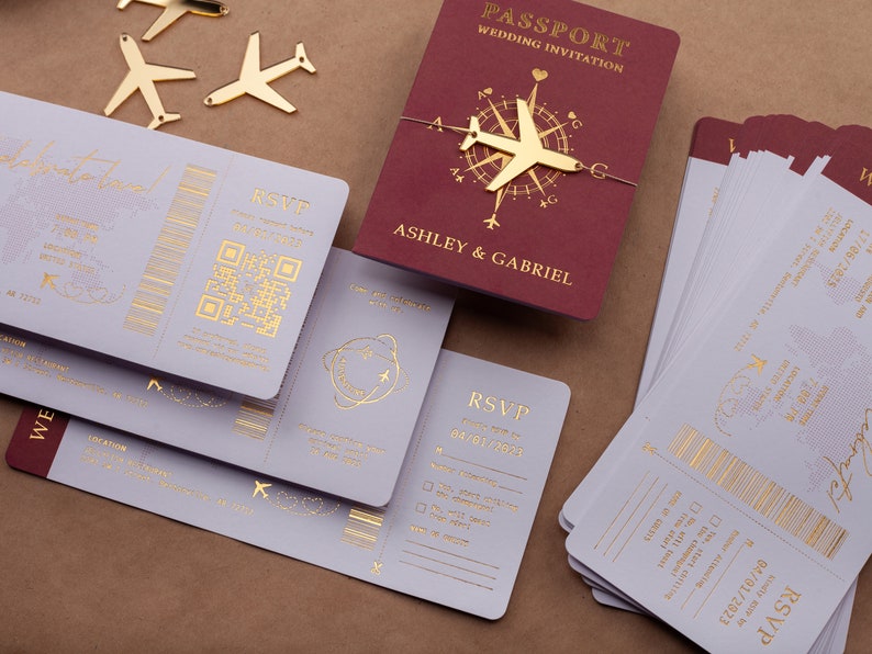 Wedding Invitation Passport, Invite Boarding Pass, Burgundy and Gold ...