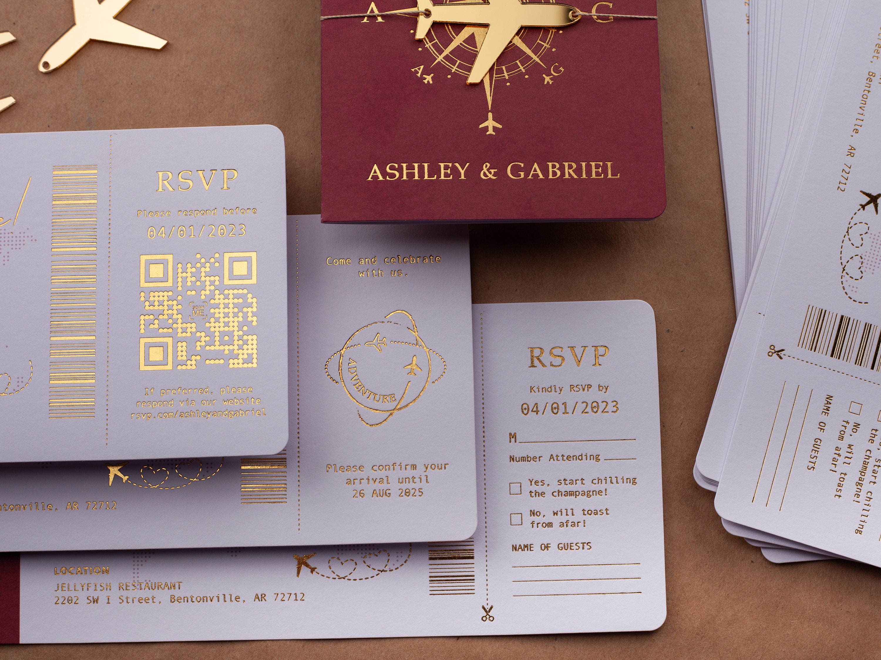Wedding Invitation Passport, Invite Boarding Pass, Burgundy and Gold ...