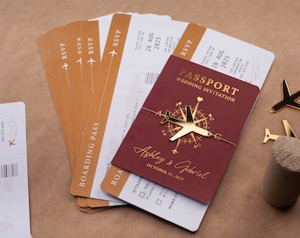 Burgundy & Gold Foil Passport-style Destination Wedding Invitation With ...