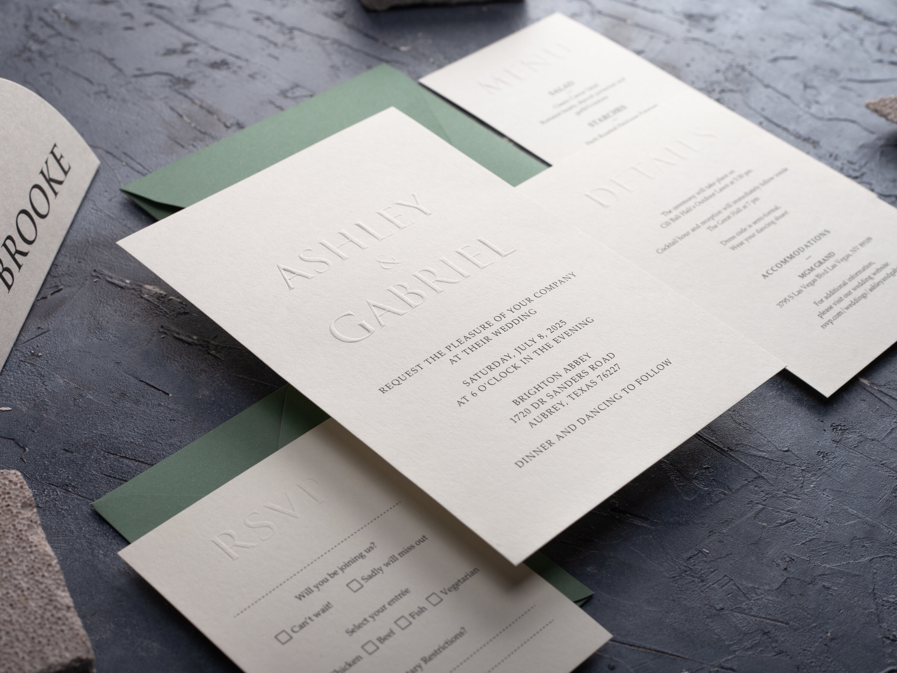 Custom Sage Green Letterpress and Embossed Wedding Invitations With ...