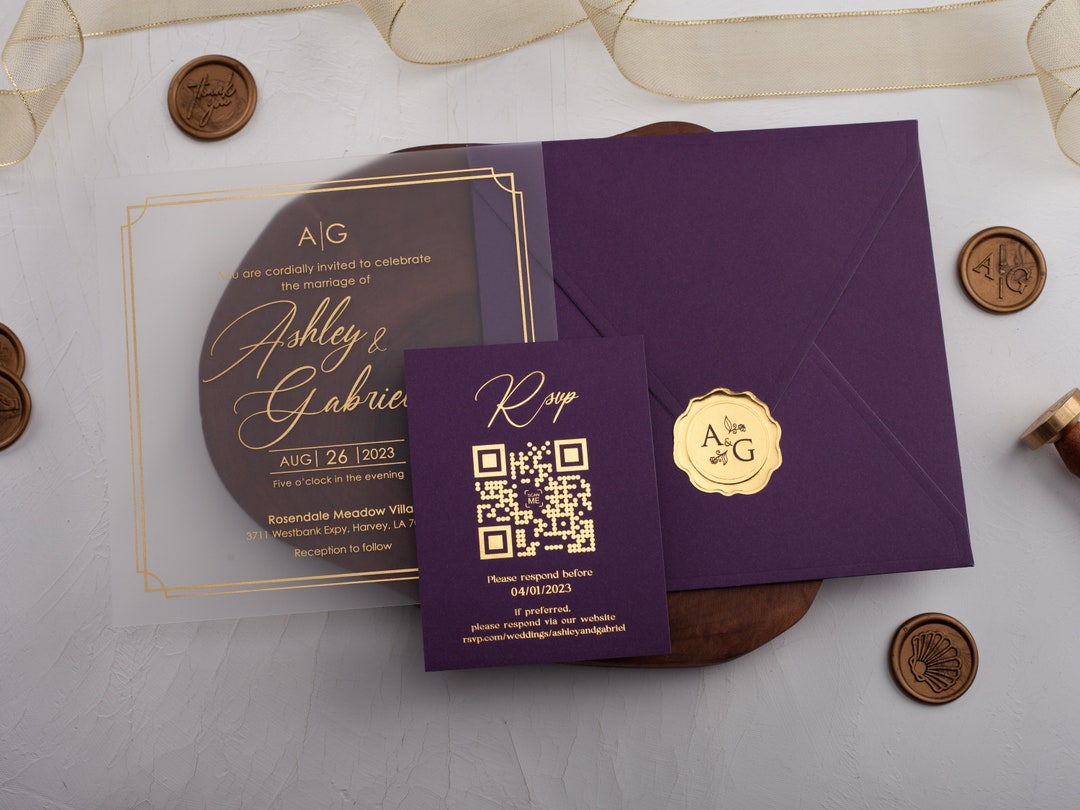 Purple Acrylic Wedding Invitations With Gold Foil - Etsy
