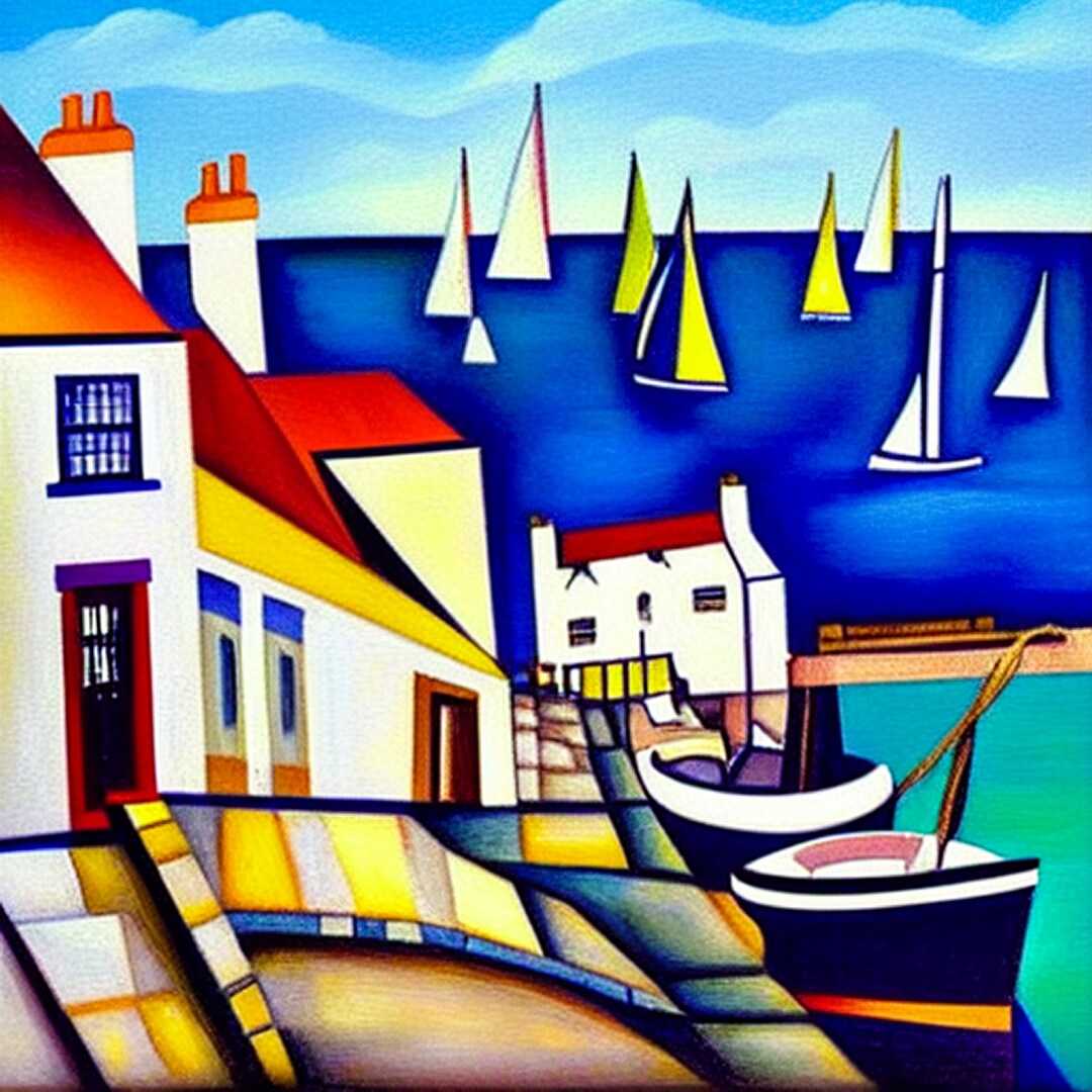 Colourful, Bright Art Deco Cornish Seaside Village Print of Mevagissey ...