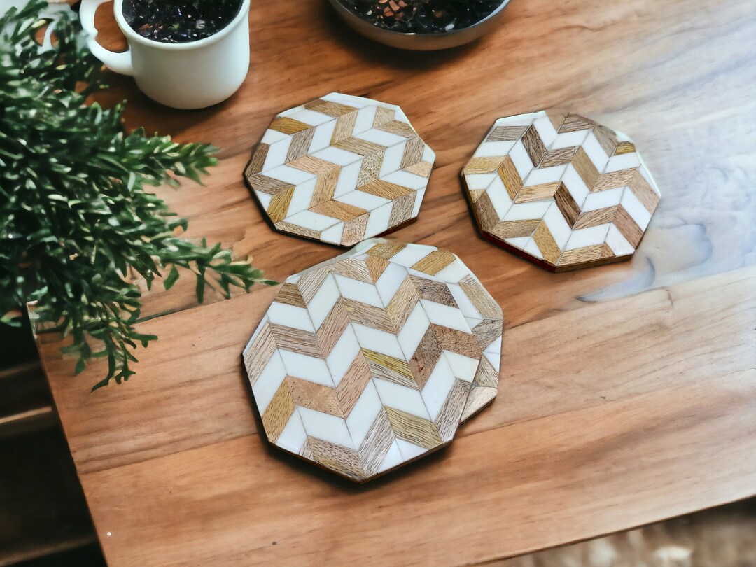 Set of 4 Mango Wood Coasters Octagon Shape Coaster Artisan Handmade ...
