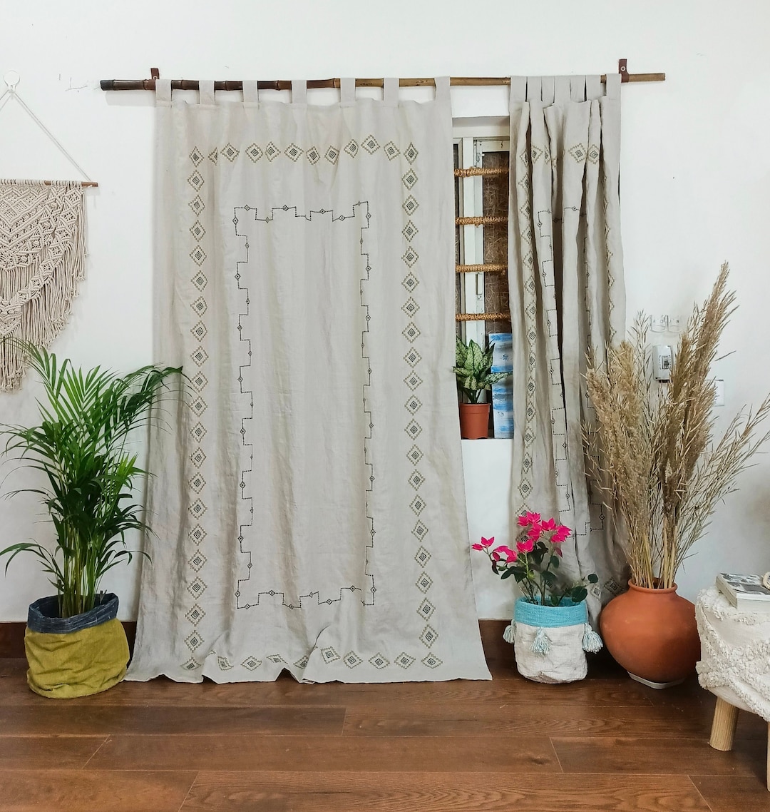 Organic Linen Curtain | Embroidered Linen Curtain | Natural Elegance ...