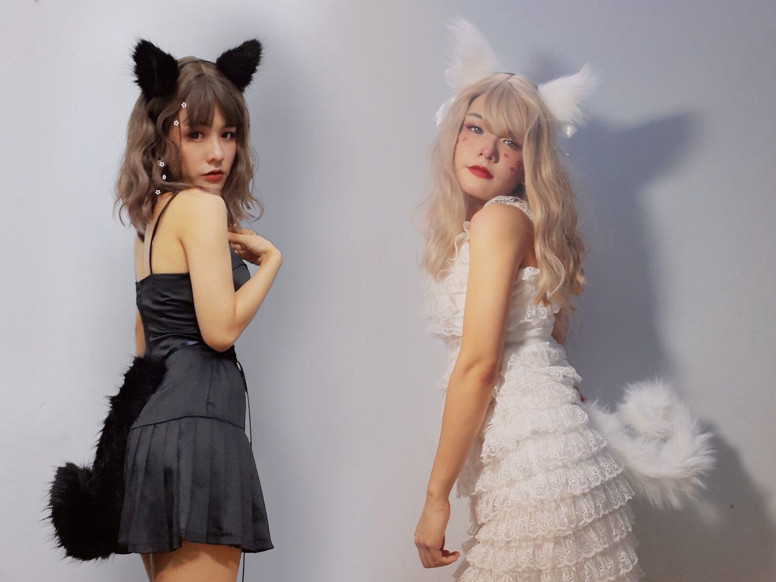 Fluffy Fuzzy Black & White Cat Ears and Tail for Cosplay and Halloween ...