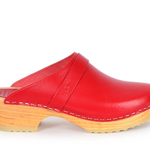 Red Leather Classic Clogs: Swedish Wooden Low Heel Mules - Etsy