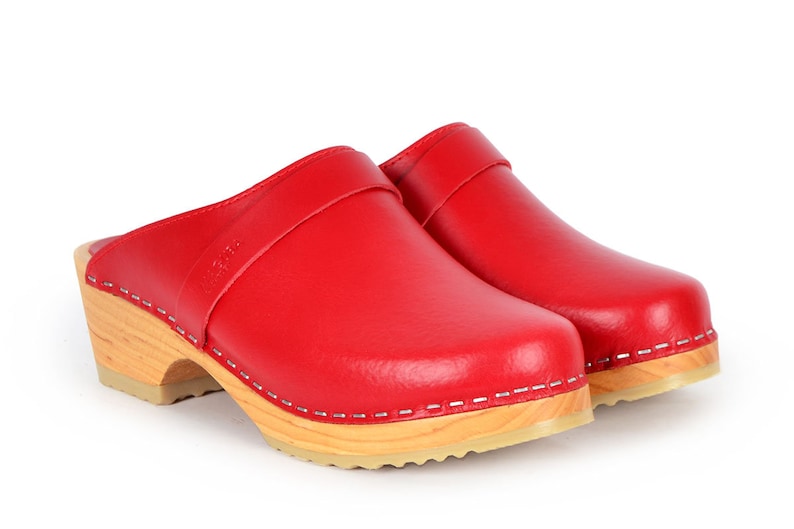 Red Leather Classic Clogs: Swedish Wooden Low Heel Mules - Etsy