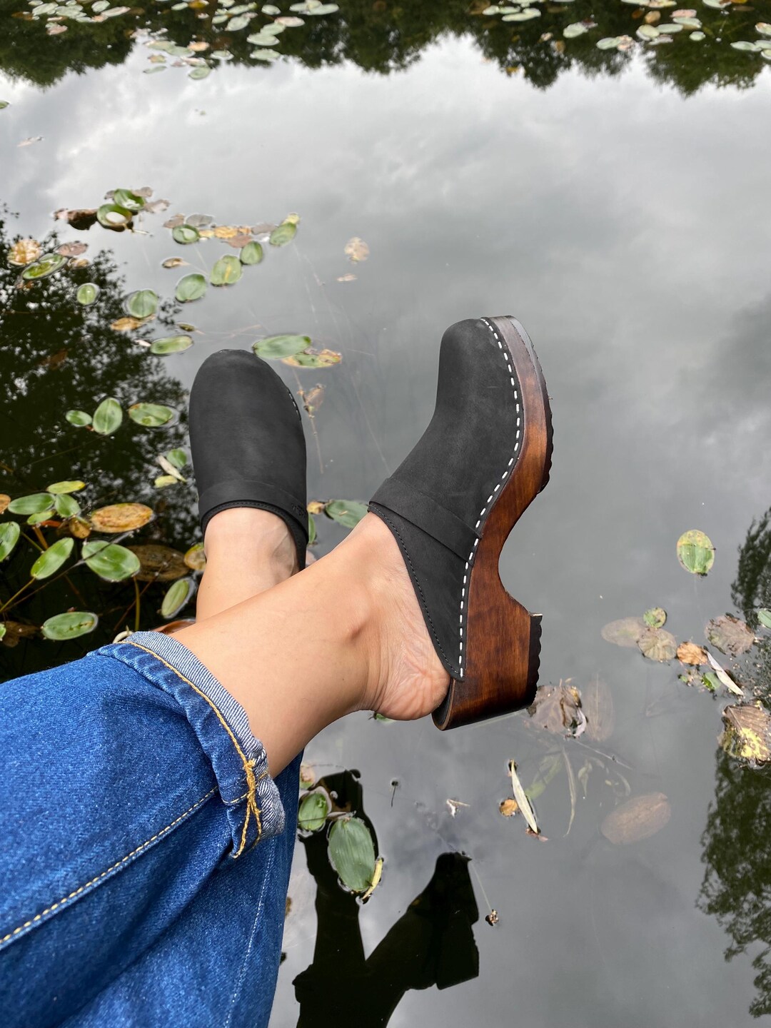 Black Nubuck Clogs, Classic Swedish Clog, Women Mules, Low Heel Wooden ...