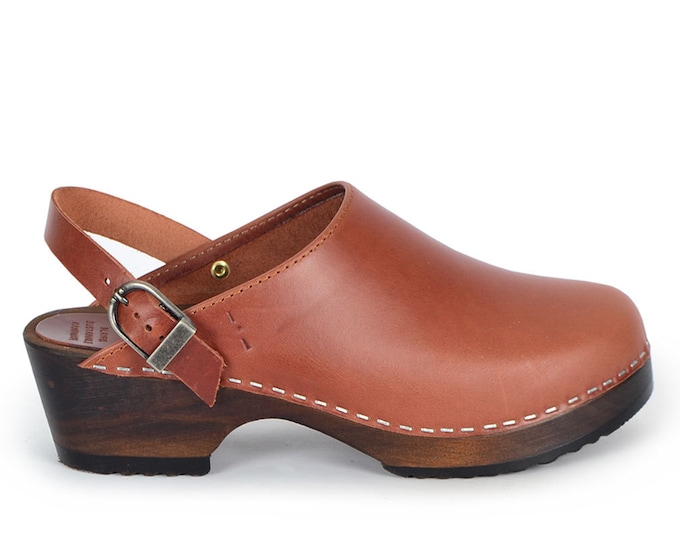 Brown Clogs With Strap, Low Heel Wooden Mules, Swedish Clogs for Women ...