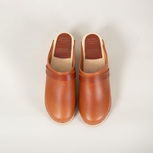 Cognac Leather Clogs: Swedish Wooden Heel Mules, Handmade Sabot - Etsy