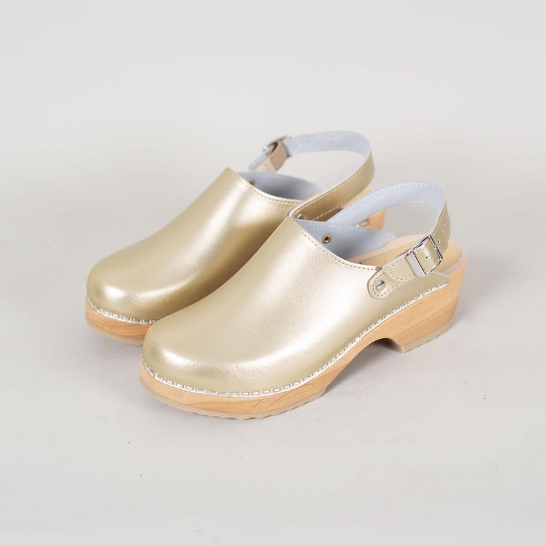 Gold Leather Clogs With Heel Strap: Handmade Swedish Mules - Etsy