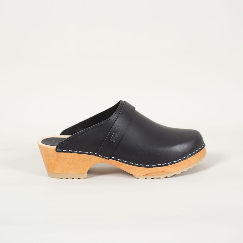 Handmade Black Leather Clogs: Swedish Wooden Mules, Low Heel - Etsy