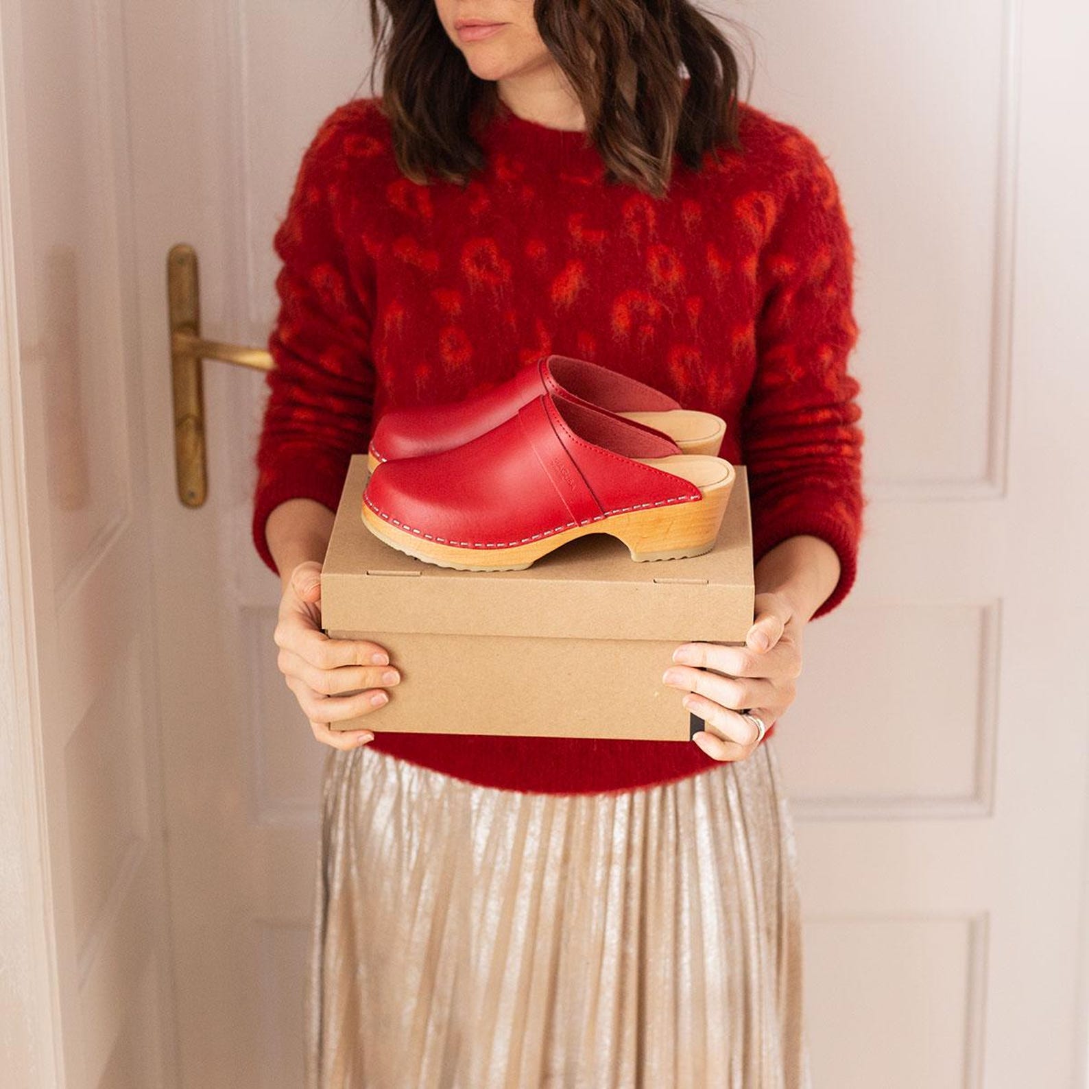 Red Leather Classic Clogs: Swedish Wooden Low Heel Mules - Etsy
