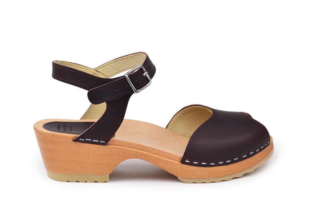 Open Toe Clog Sandals / Swedish Low Heel Wooden Clogs / Granada Tobacco ...