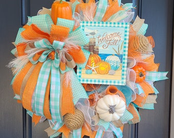 Coastal Wreath for Front Door, Fall Beach Wreath, Large Indoor Starfish ...