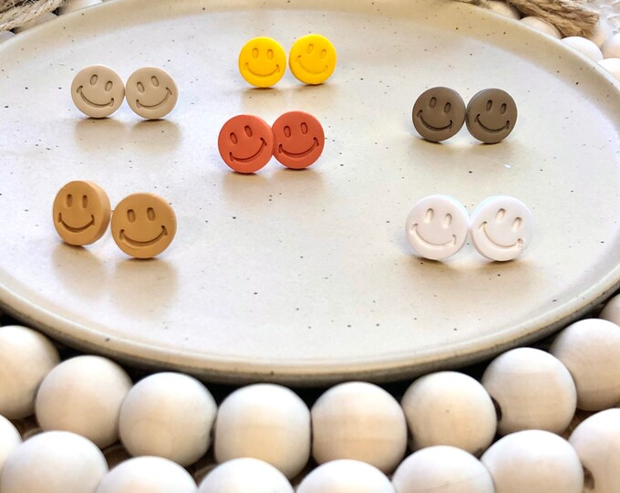 Neutral Flower Smiley Dangle Polymer Clay Earrings - Etsy
