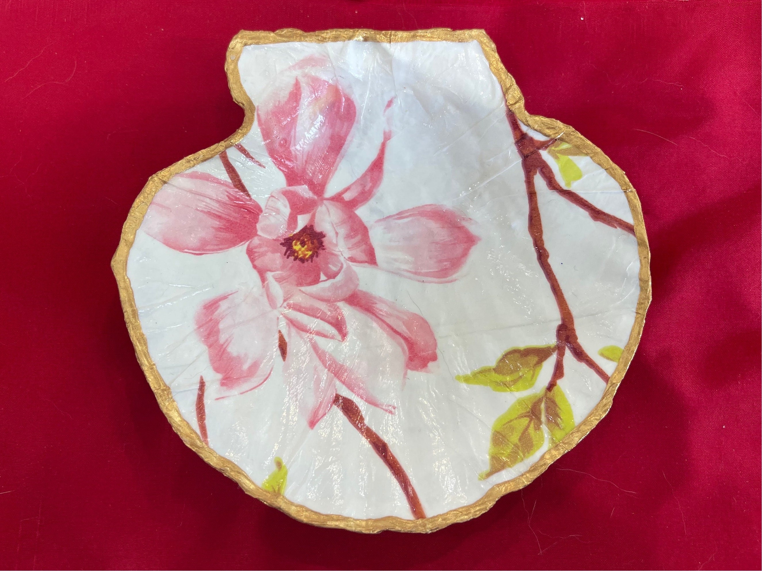 EXTRA LARGE Pink Magnolia on White Decoupage Oyster Shell Trinket Tray ...