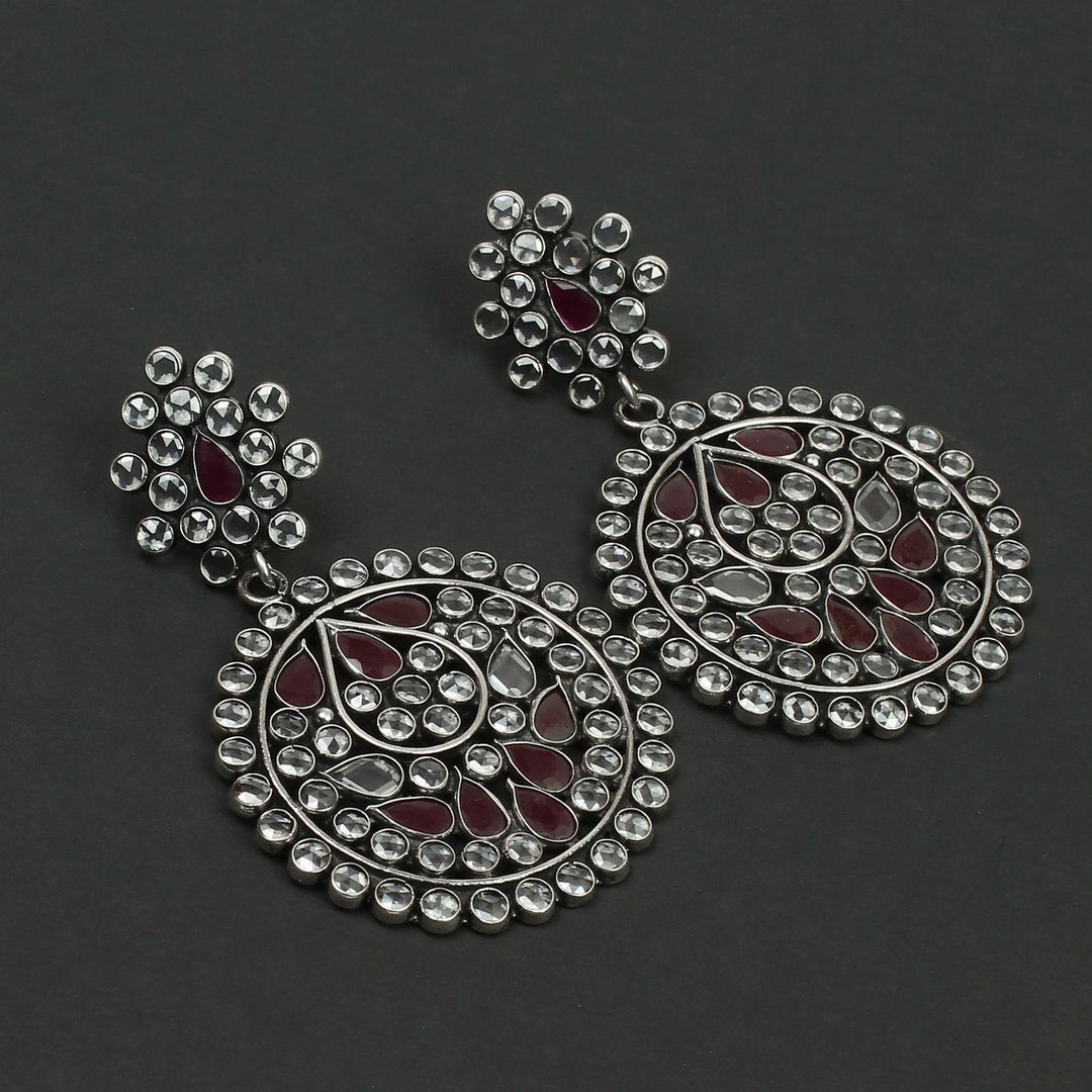 Zircon Ruby, White Stone Earrings, 925 Pure Silver, Oxidized Tribal ...