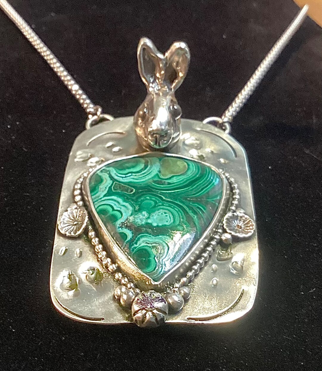 Bunny Dreams- Silver Cottontail Rabbit and Malachite Azurite Cabochon ...