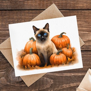 Autumn Cat and Pumpkins Card Cat Notecard Happy Fall Halloween Cat Card ...